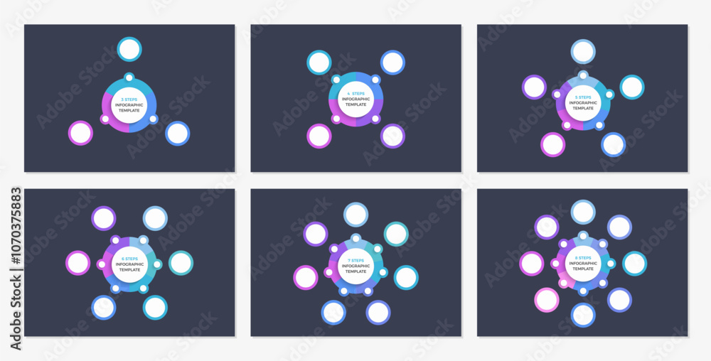 Six blank circle diagram templates set - 3, 4, 5, 6, 7 and 8 parts ...