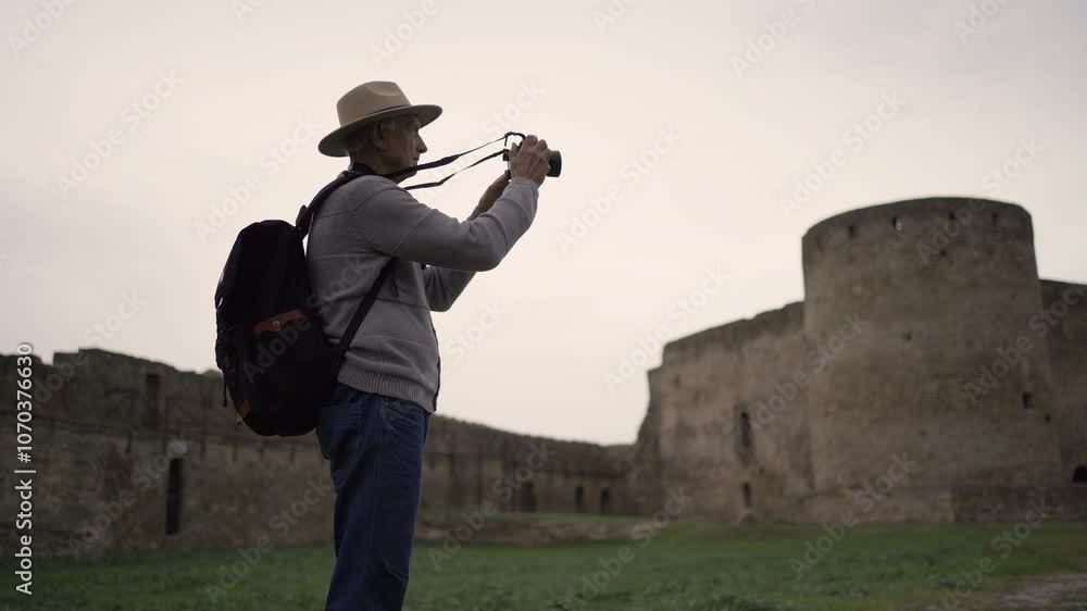 A retired male tourist with backpack photographing landmarks, capturing ...