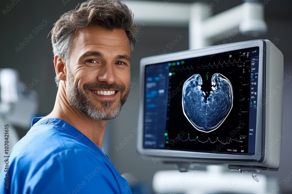 A doctor examining an ultrasound screen while explaining to a patient ...