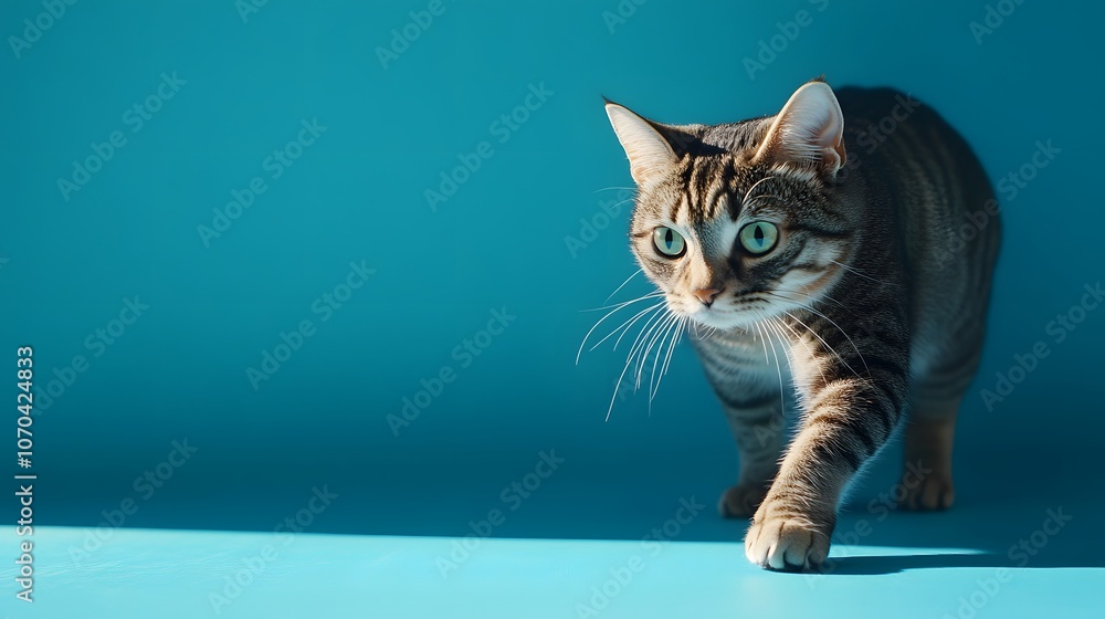 Full body shot. A gray tabby cat in a playful crouching pose, ready to ...