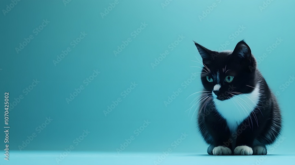 Full body shot. A tuxedo cat crouched, ready to pounce, ears forward ...