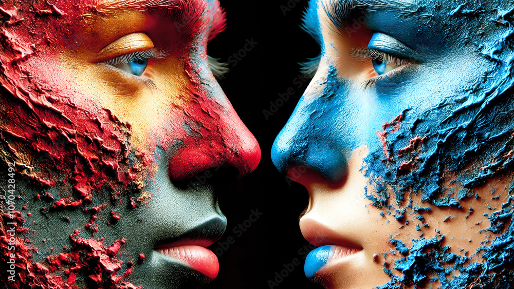 Two faces with textured paint in vibrant red and blue face each other ...