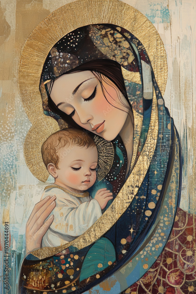 Stylized portrait of the Virgin Mary embracing baby Jesus, adorned with gold detailing and ...