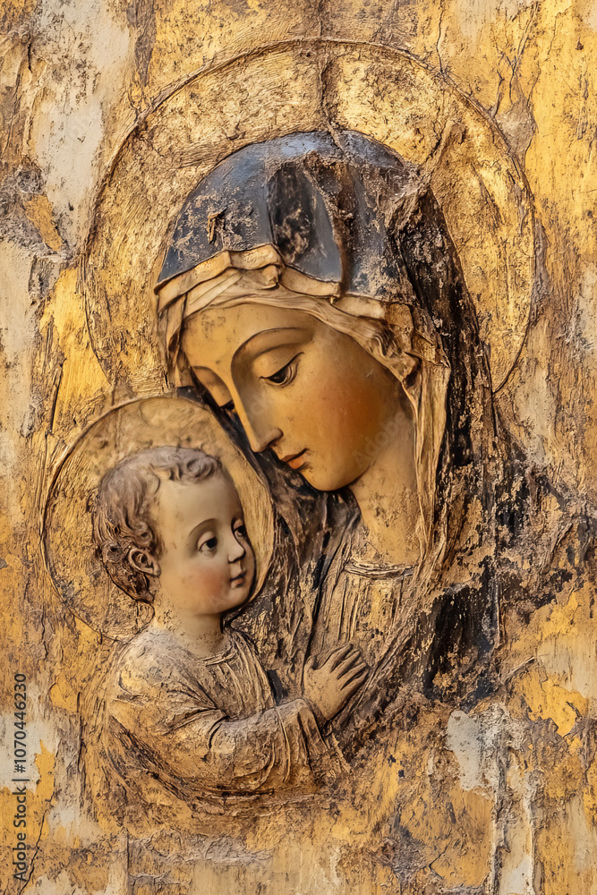Weathered icon of the Virgin Mary with baby Jesus, featuring a rustic ...