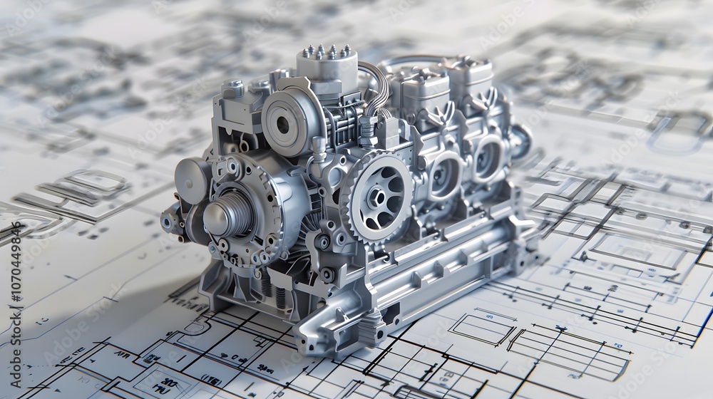 A silver engine is on top of a drawing of a building. The engine is the ...