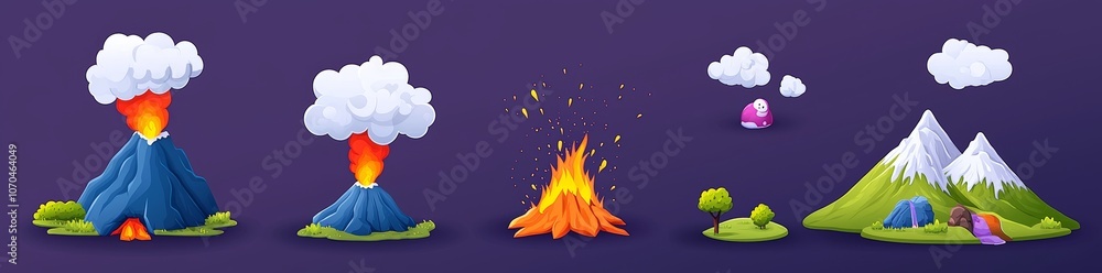 Animated stages of volcanic eruptions and explosions with flowing lava ...