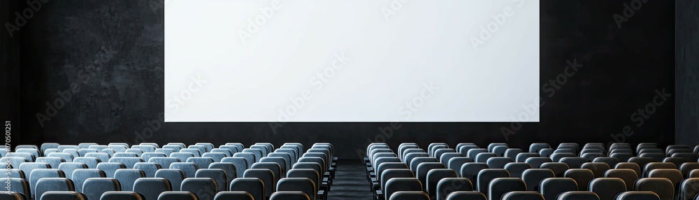 A modern cinema hall with empty rows of seats facing a large, blank ...