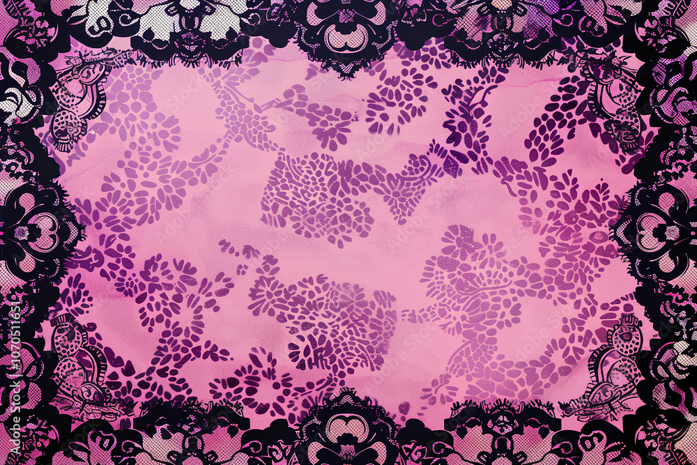 Pink lace background with black edging, pink leopard print in the ...