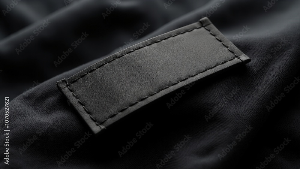 High-quality woven tag labels on dark fabric, with visible stitching ...