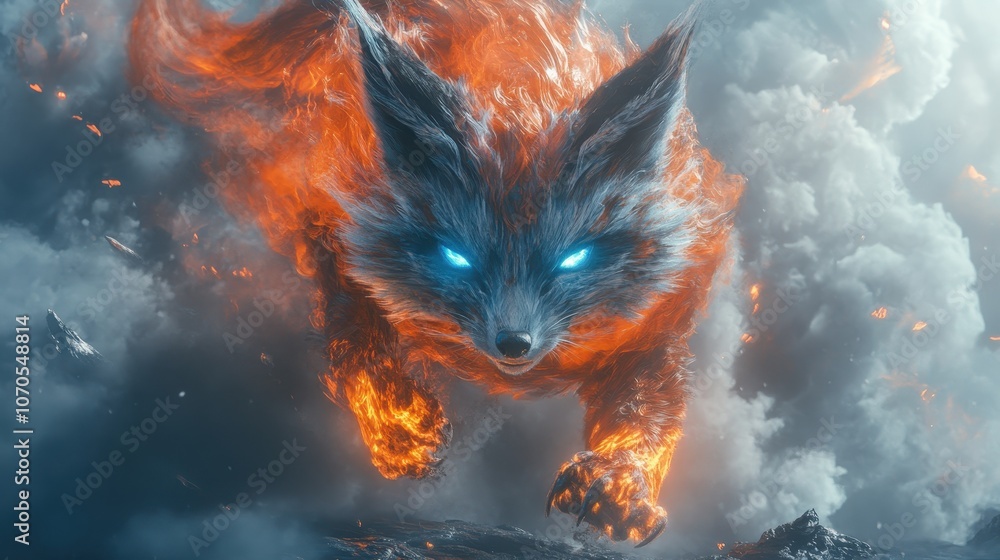 Majestic Fiery Fox Spirit with Glowing Eyes Soaring Through Dramatic ...
