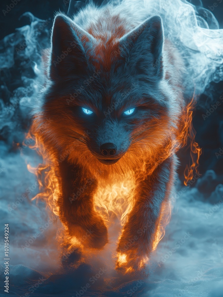 ** Mystical Fiery Fox with Glowing Eyes Emerging from Smoke in a ...