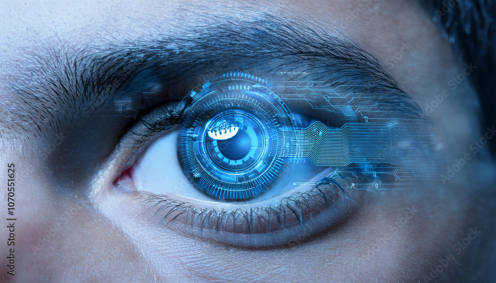 Blue human eye with embedded cybernetic digital elements symbolizing ...