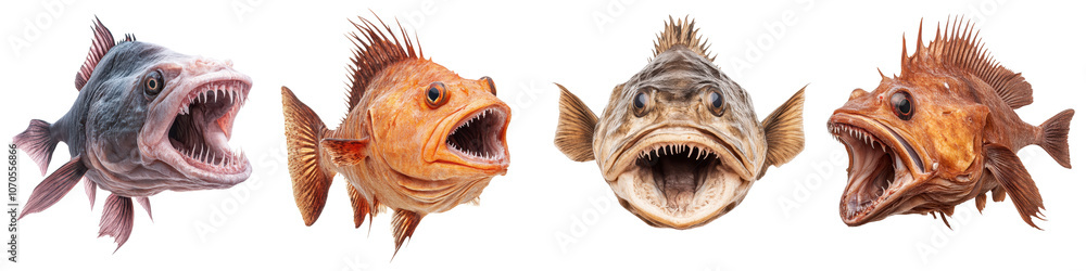 Collection of Ferocious Sea Creatures with Razor Sharp Teeth and Gaping ...