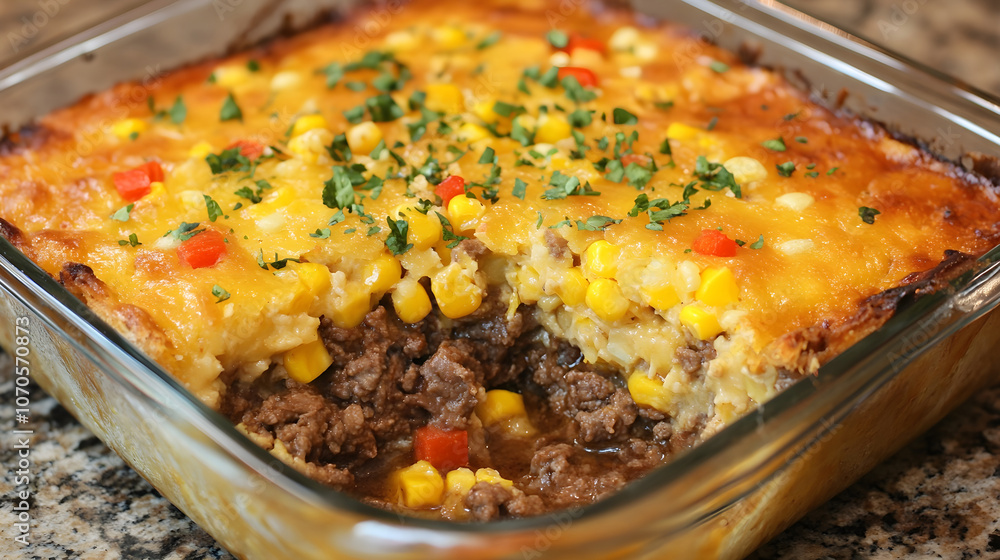 Warm Chilean pastel de choclo casserole with sweet corn topping and ...