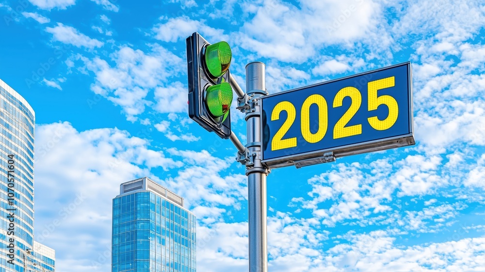 Green traffic light and '2025' sign, framed by a dynamic cityscape and ...