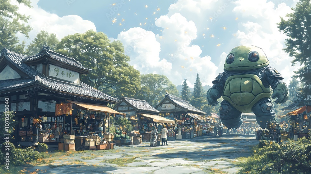A giant, green, armored turtle creature floats above a bustling ...