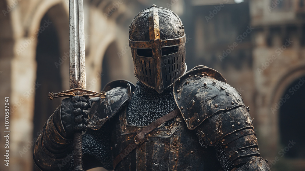 Detailed armor glitters in the rays of the sun, emitting a cold sheen ...