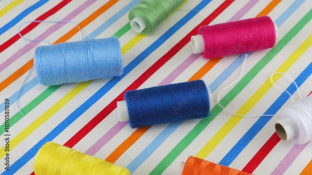 Top view of white cotton fabric with rainbow stripes and spools of ...