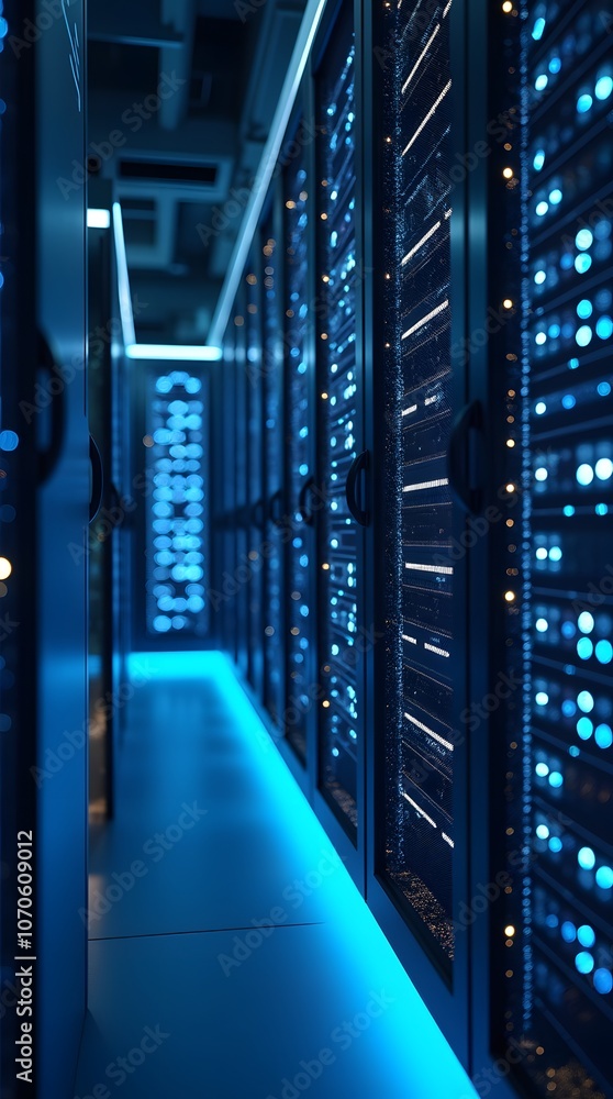 Close-up of server racks with blue lights in a modern data center ...