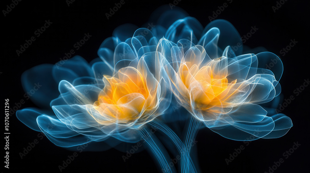 Radiant flowers glowing in X ray form, showcasing vibrant colors and ethereal beauty. luminous ...