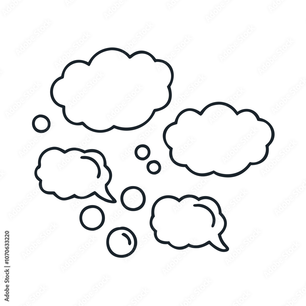 Multiple Thought Bubbles Outline Icon, Black line art of various cloud ...