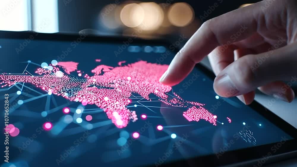 A tablet screen showcasing an interactive global map with illuminated ...