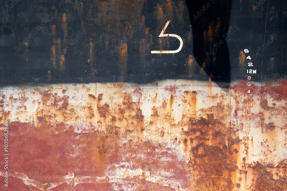 The rusty colorful metal texture of the cargo ship with the symbol that ...