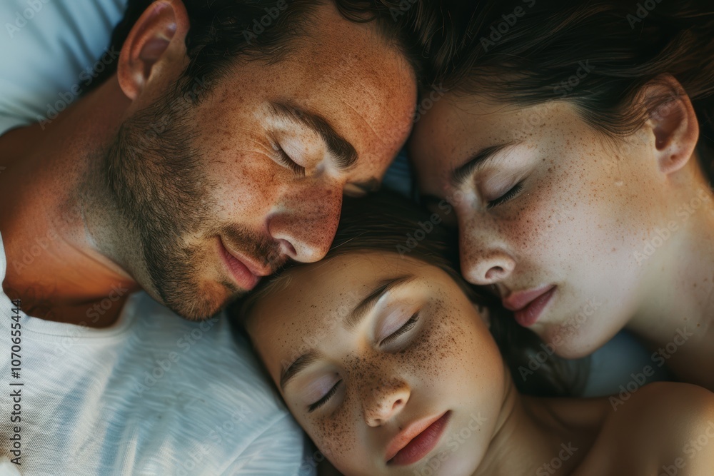 Family of diverse backgrounds relaxing on a bed at home, with parents ...