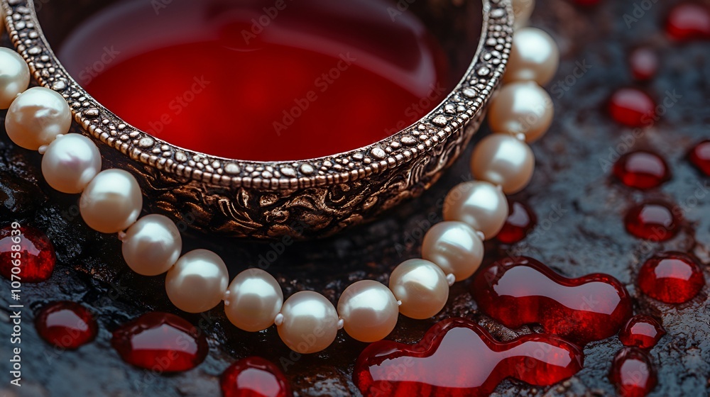 A vintage pearl necklace rests beside a decorative bowl filled with ...