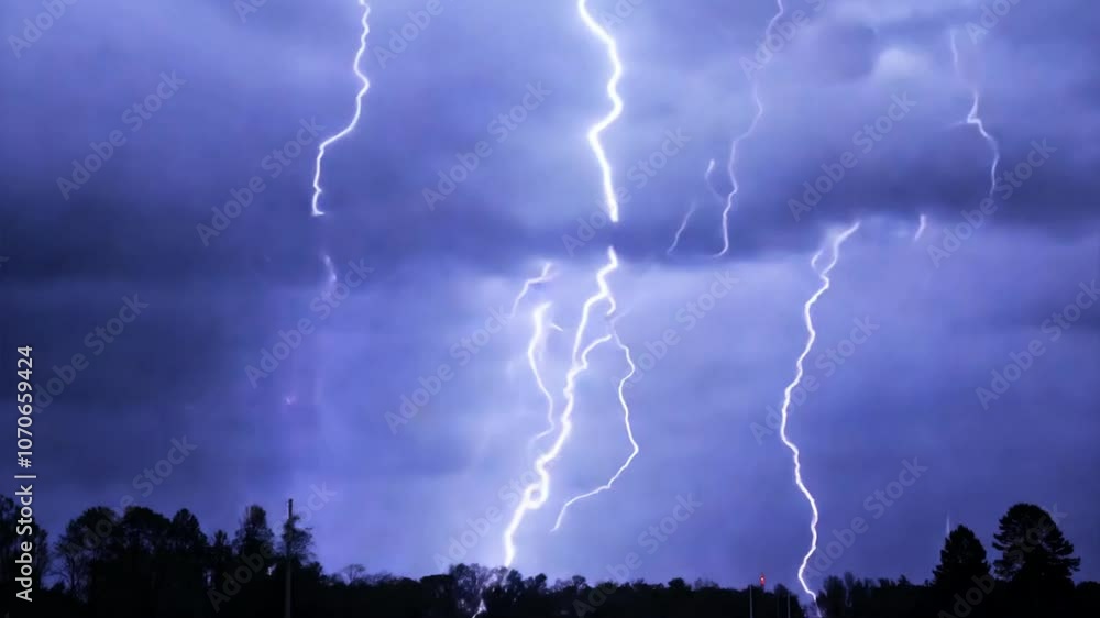 Dramatic lightning strikes illuminate stormy sky, showcasing power and ...