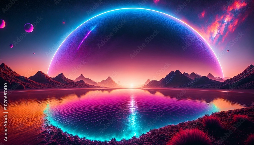 Psychedelic alien planet scene with neon glowing circles, perfect for ...