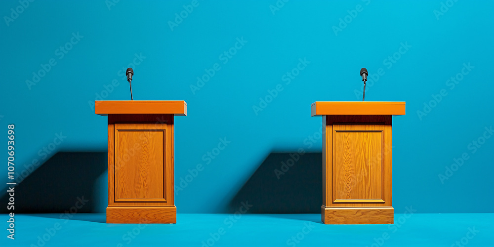 clean, modern photo of two wooden lecterns with microphones against ...