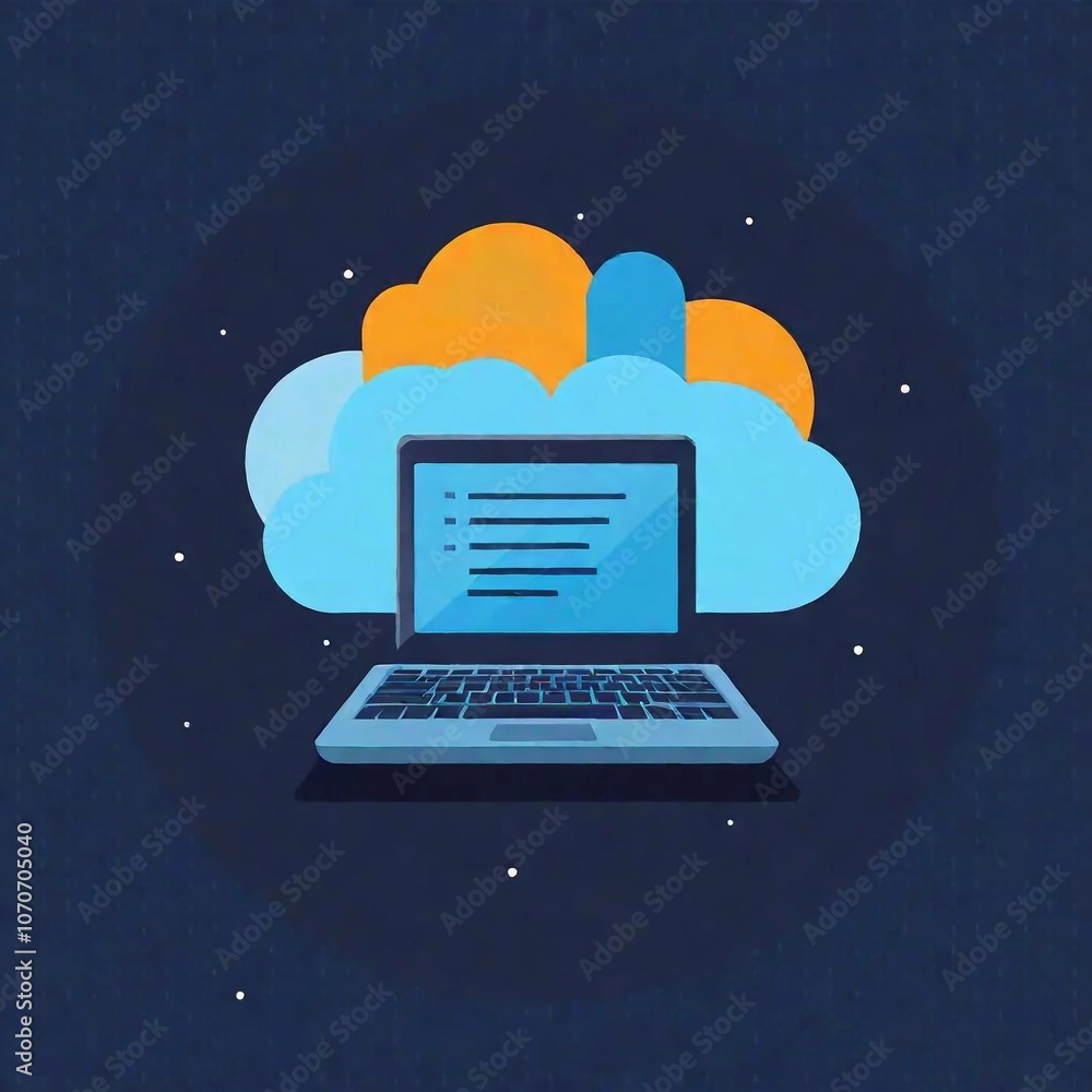vector computer laptop logo emerging from a cloud of digital data ...