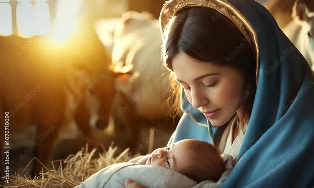 Virgin Mary in blue holding sleeping baby Jesus with barn with animals ...
