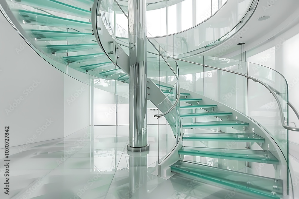 A spiral staircase with transparent glass steps, a central metal pole ...