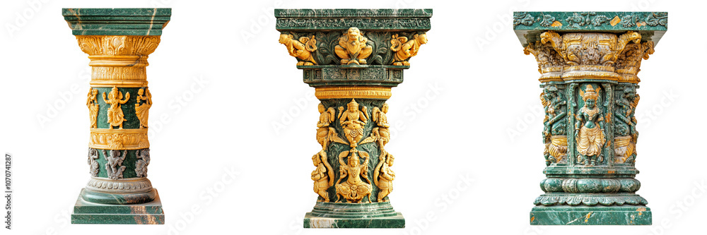 Set of A green, gold, yellow Indian Vedic pillar with intricate ...