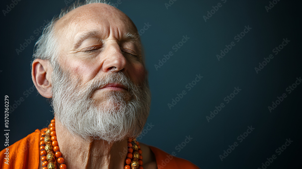 Portrait of a wise old man meditating with his eyes closed wearing ...