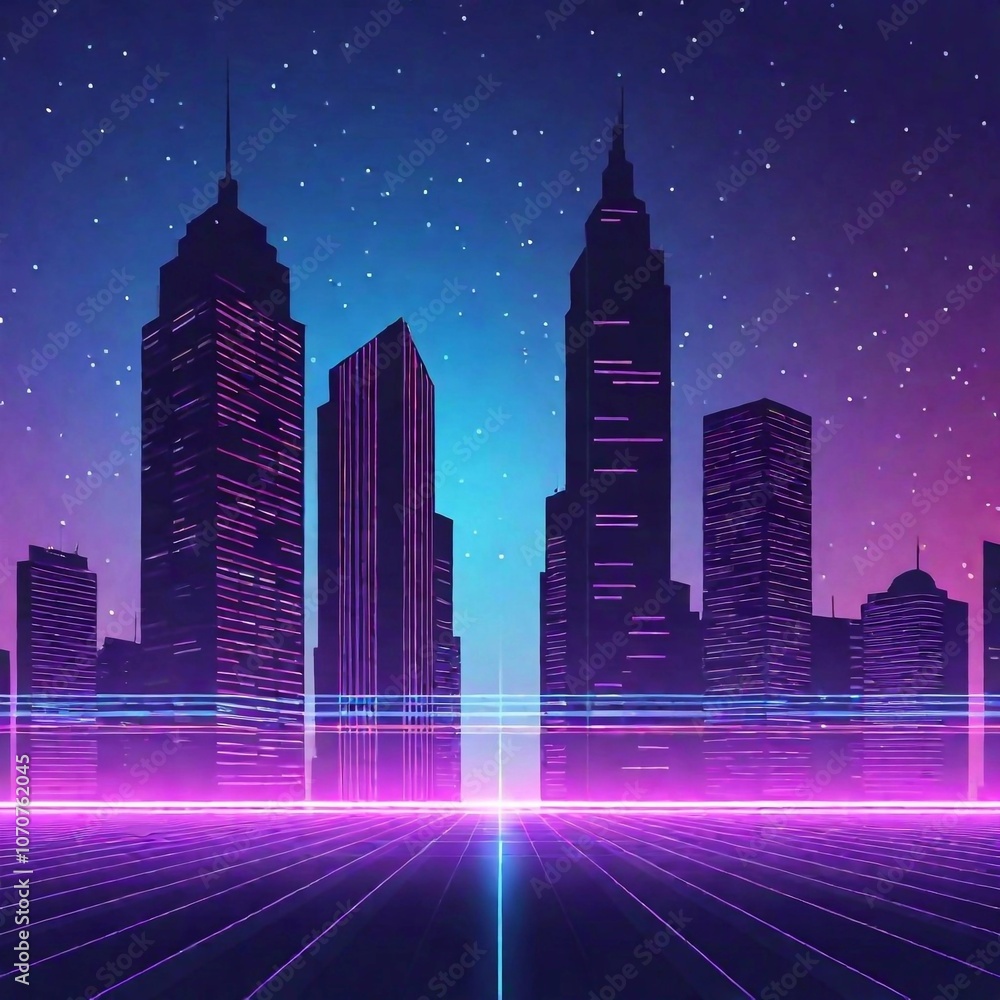 A synthwave-inspired city skyline, full shot with glowing neon signs ...