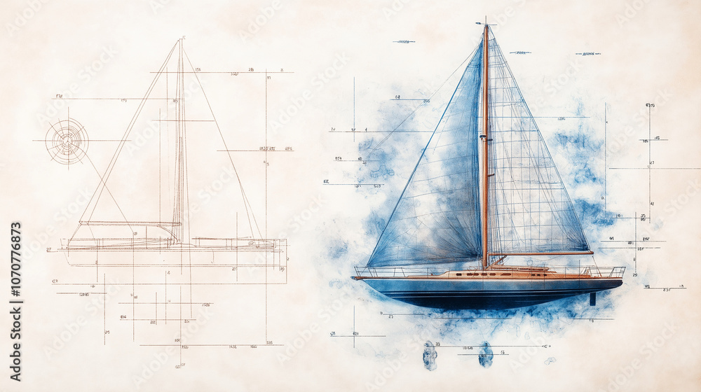 Sailboat Blueprint Watercolor: A stunning watercolor painting of a ...