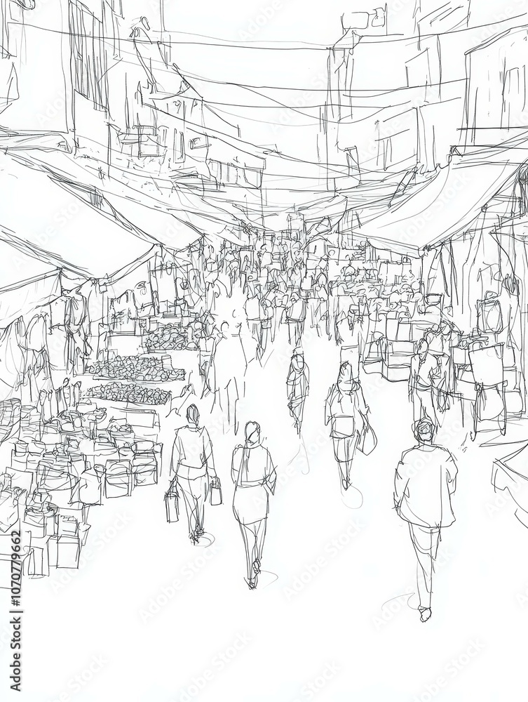 A single-line drawing of a bustling marketplace, showcasing the energy ...