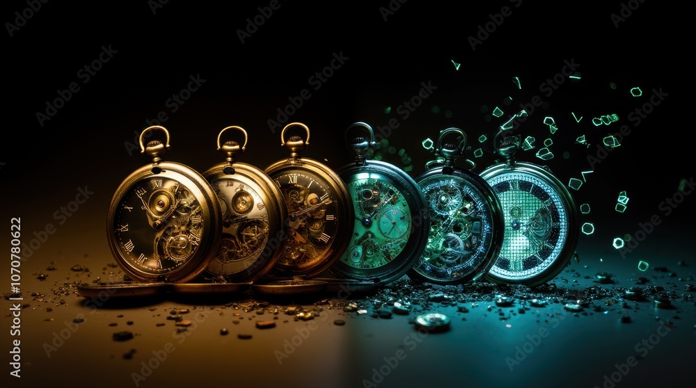 A surreal image depicting the transition from analog to digital time ...