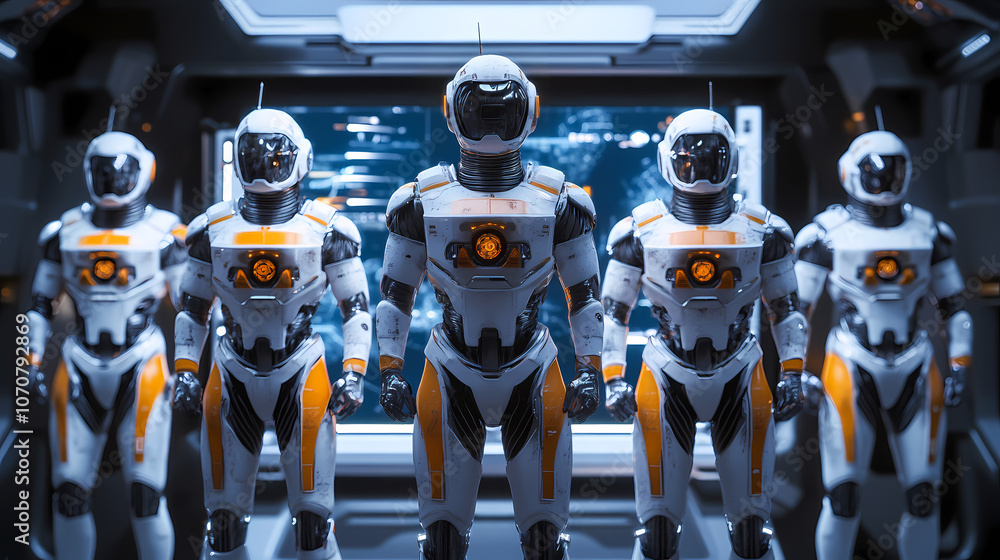 Group of Five Highly Detailed Sci-Fi Robots Featuring Orange and White Accents, Captured in a ...