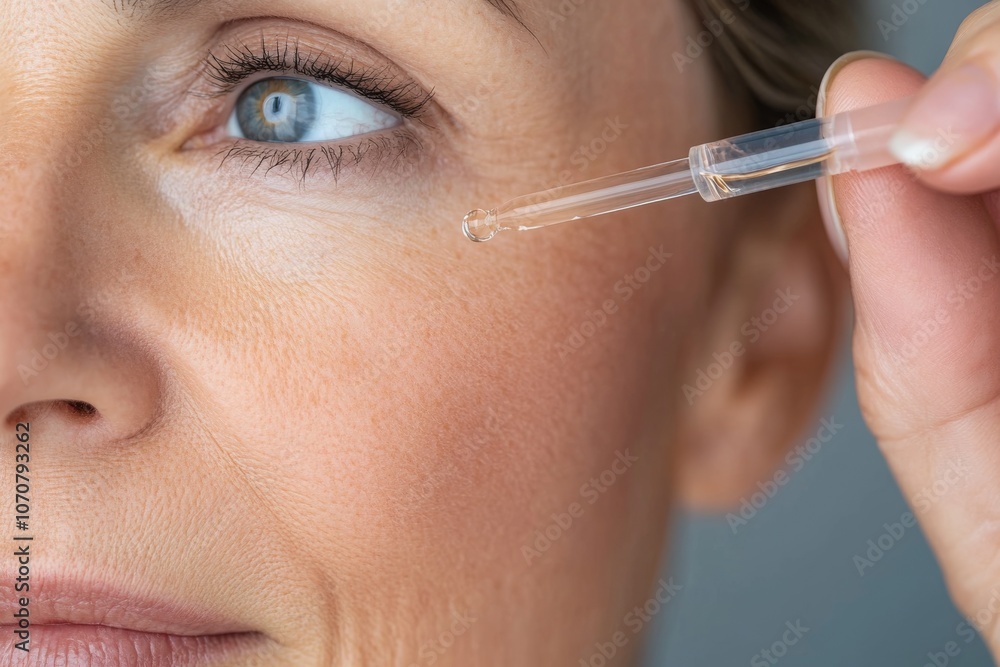 Mature woman applying serum on her face. Caucasian 50s female holding ...
