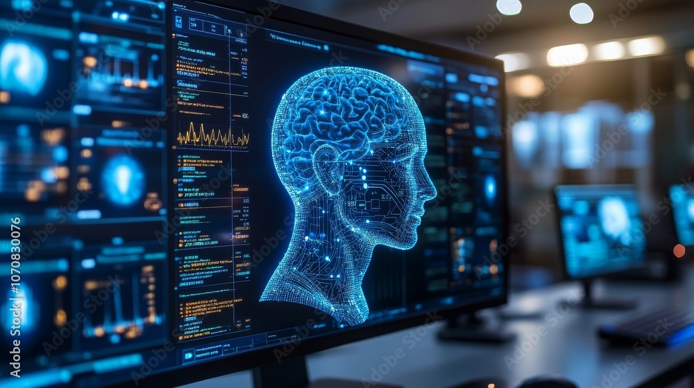 AI virtual assistant shows brain activity on multiple screens in a high ...