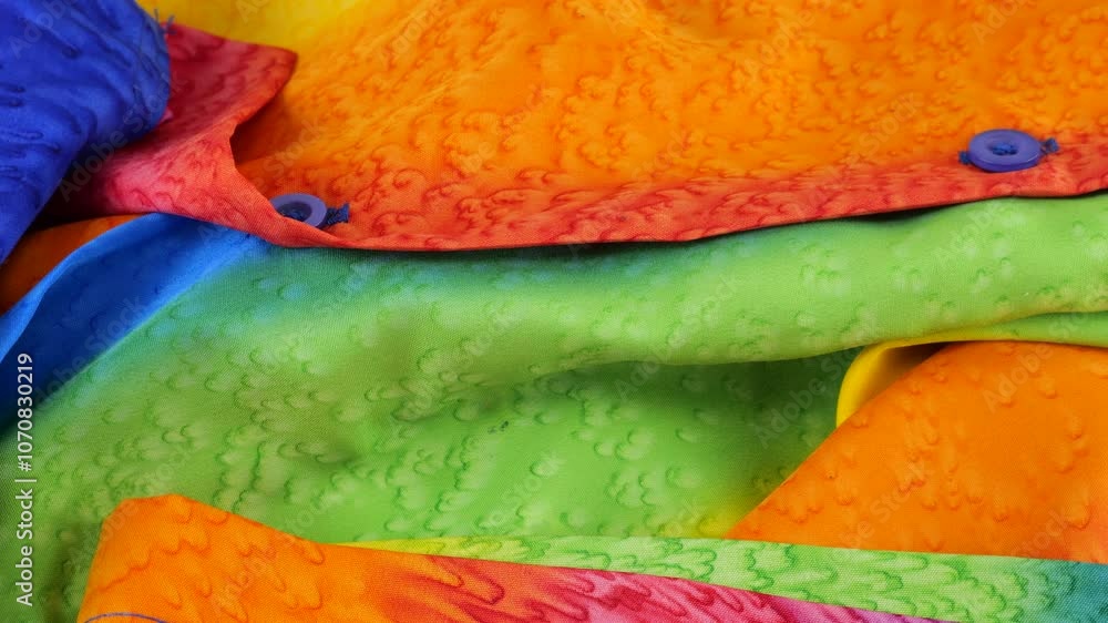 Close-up view of a shirt made of bright fabric dyed in rainbow colors ...