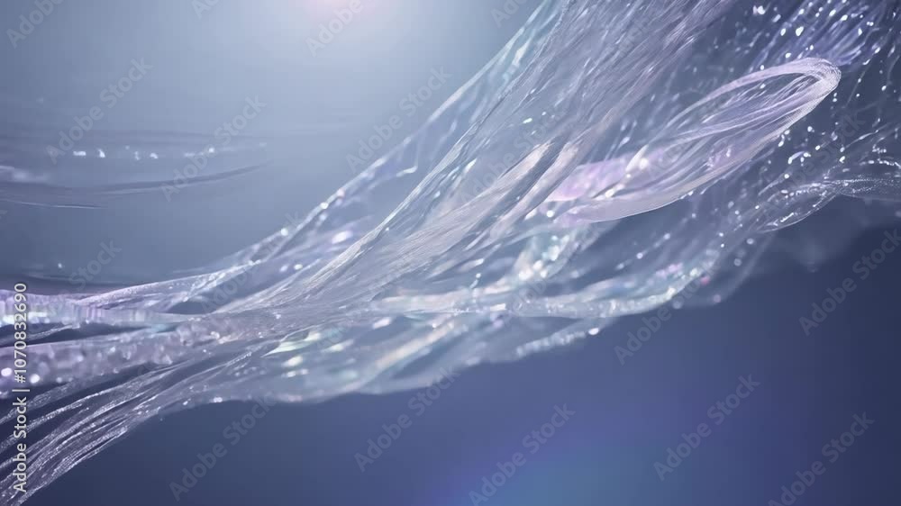 Silver fabric flowing in the air on a blue background with a lens flare ...