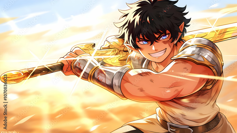 A muscular anime warrior with black hair and blue eyes grins fiercely ...