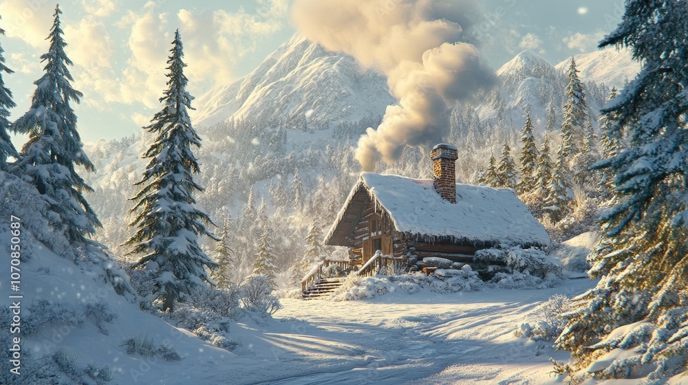 Rustic cabin nestled in snowy trees with smoke rising from the chimney ...