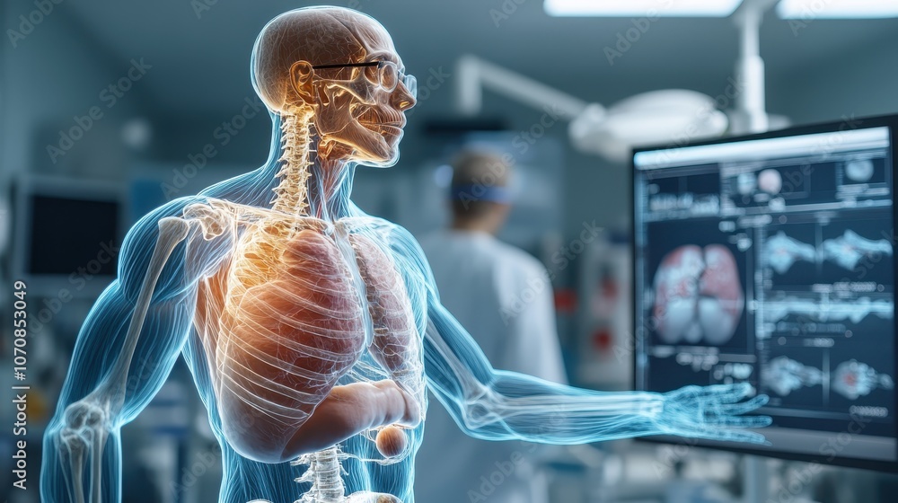 A skeleton is shown engaging with a digital screen in a medical ...