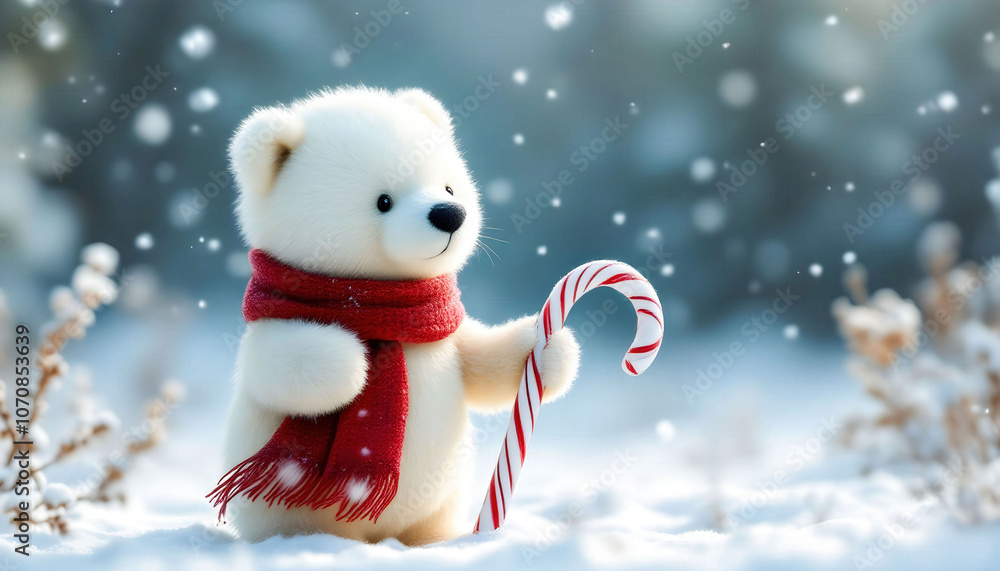 Cute white polar bear holding a pink and white candy cane, creating a ...